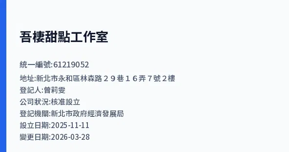 吾棲甜點工作室的照片-統編 61219052(新北市) 公司登記資料與營業項目詳細圖表