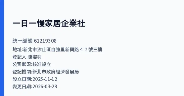 一日一慢家居企業社的照片-統編 61219308(新北市) 公司登記資料與營業項目詳細圖表