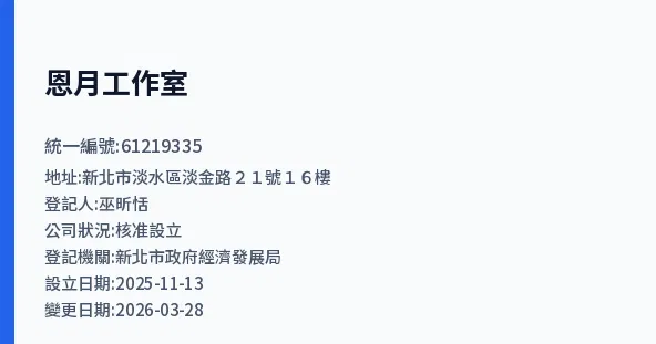 恩月工作室的照片-統編 61219335(新北市) 公司登記資料與營業項目詳細圖表