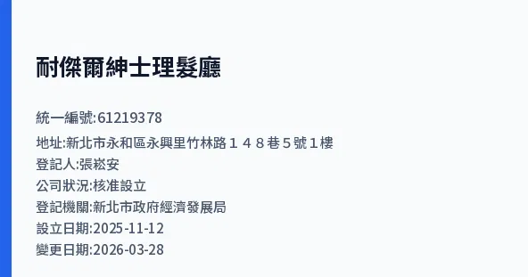 耐傑爾紳士理髮廳的照片-統編 61219378(新北市) 公司登記資料與營業項目詳細圖表