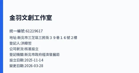 金羽文創工作室的照片-統編 61219617(新北市) 公司登記資料與營業項目詳細圖表