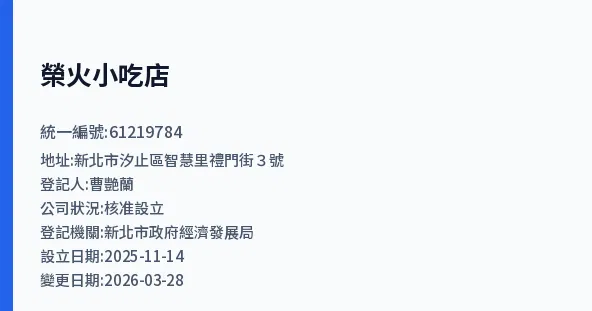 榮火小吃店的照片-統編 61219784(新北市) 公司登記資料與營業項目詳細圖表