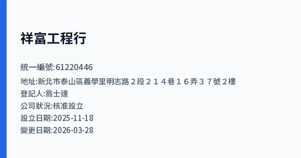 祥富工程行的照片-統編 61220446(新北市) 公司登記資料與營業項目詳細圖表