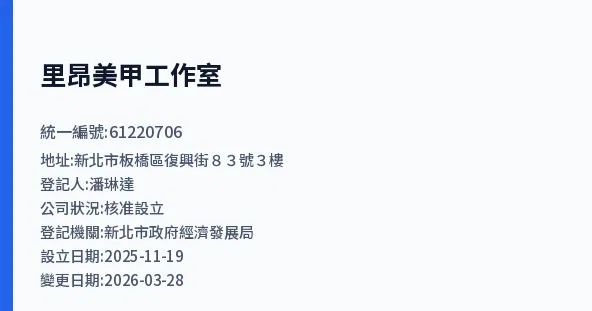 里昂美甲工作室的照片-統編 61220706(新北市) 公司登記資料與營業項目詳細圖表