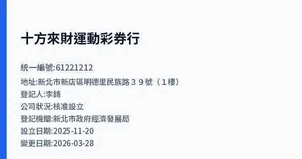十方來財運動彩券行的照片-統編 61221212(新北市) 公司登記資料與營業項目詳細圖表