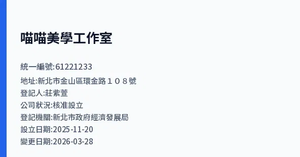 喵喵美學工作室的照片-統編 61221233(新北市) 公司登記資料與營業項目詳細圖表