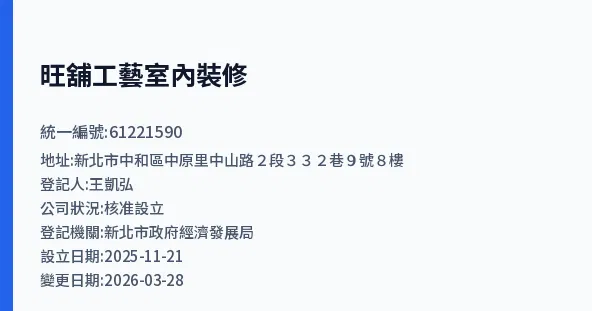 旺舖工藝室內裝修的照片-統編 61221590(新北市) 公司登記資料與營業項目詳細圖表