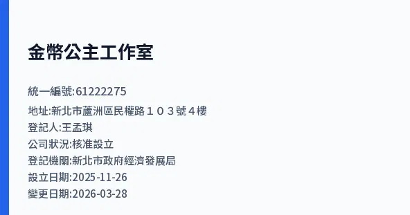 金幣公主工作室的照片-統編 61222275(新北市) 公司登記資料與營業項目詳細圖表