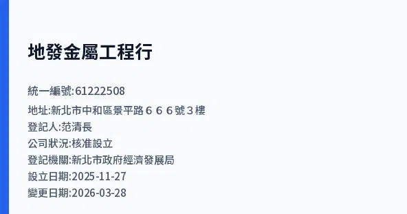 地發金屬工程行的照片-統編 61222508(新北市) 公司登記資料與營業項目詳細圖表