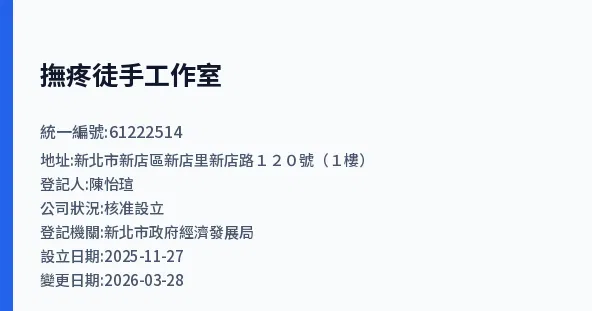 撫疼徒手工作室的照片-統編 61222514(新北市) 公司登記資料與營業項目詳細圖表