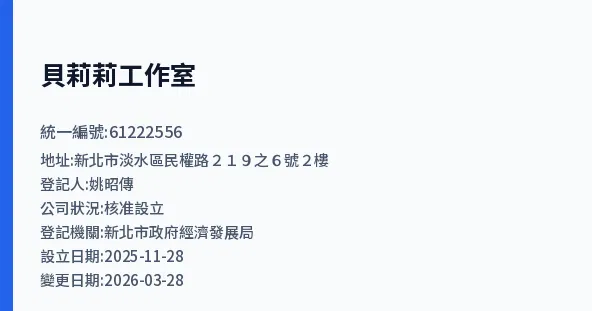 貝莉莉工作室的照片-統編 61222556(新北市) 公司登記資料與營業項目詳細圖表