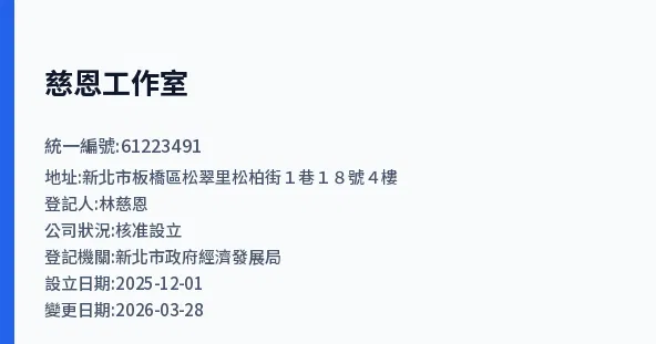 慈恩工作室的照片-統編 61223491(新北市) 公司登記資料與營業項目詳細圖表