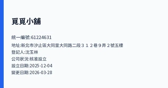 覓覓小舖的照片-統編 61224631(新北市) 公司登記資料與營業項目詳細圖表