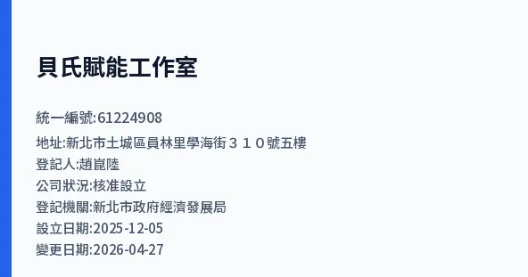 貝氏賦能工作室的照片-統編 61224908(新北市) 公司登記資料與營業項目詳細圖表