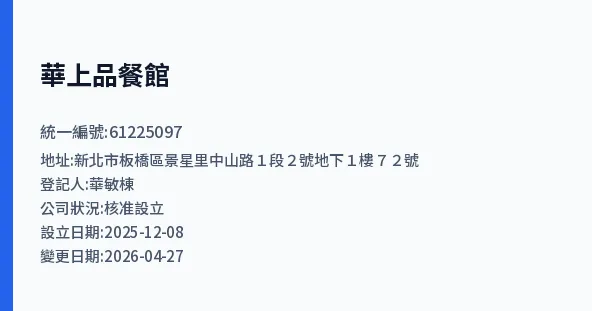 華上品餐館的照片-統編 61225097(新北市) 公司登記資料與營業項目詳細圖表