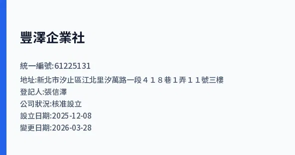 豐澤企業社的照片-統編 61225131(新北市) 公司登記資料與營業項目詳細圖表