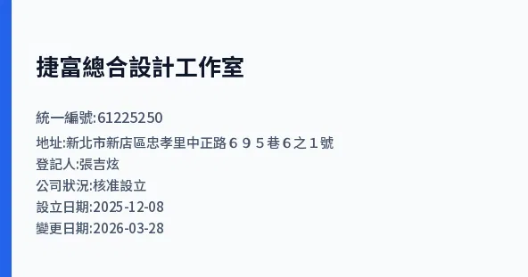 捷富總合設計工作室的照片-統編 61225250(新北市) 公司登記資料與營業項目詳細圖表
