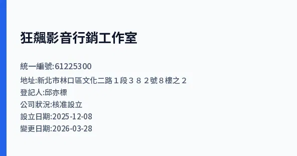 狂飆影音行銷工作室的照片-統編 61225300(新北市) 公司登記資料與營業項目詳細圖表