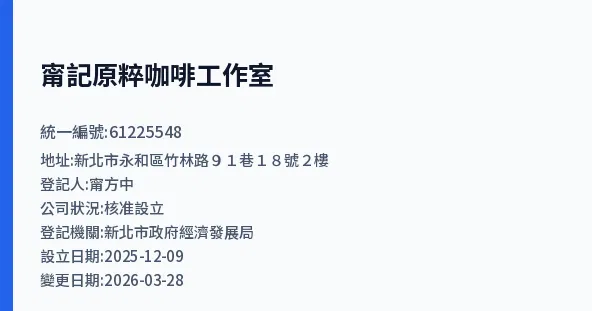 甯記原粹咖啡工作室的照片-統編 61225548(新北市) 公司登記資料與營業項目詳細圖表