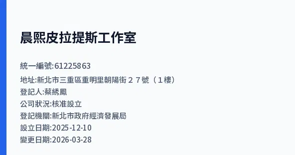 晨熙皮拉提斯工作室的照片-統編 61225863(新北市) 公司登記資料與營業項目詳細圖表