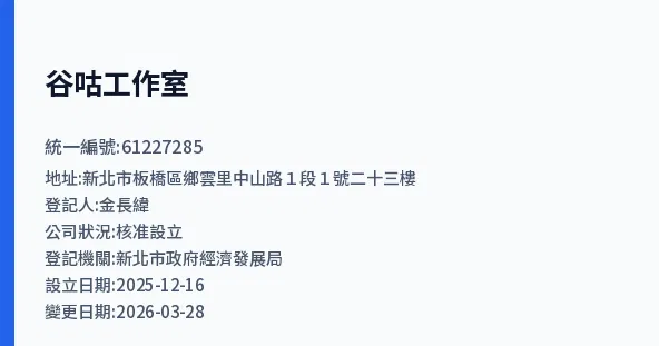 谷咕工作室的照片-統編 61227285(新北市) 公司登記資料與營業項目詳細圖表
