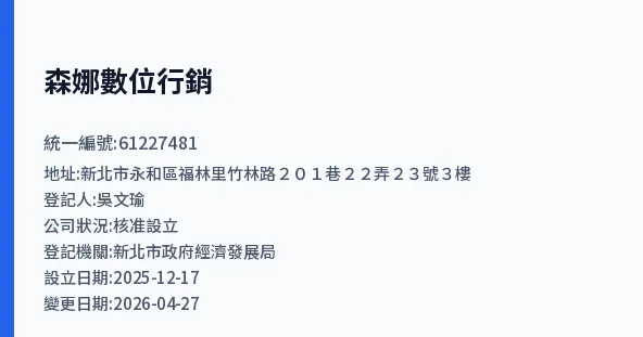 森娜數位行銷的照片-統編 61227481(新北市) 公司登記資料與營業項目詳細圖表