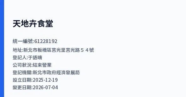天地卉食堂的照片-統編 61228192(新北市) 公司登記資料與營業項目詳細圖表