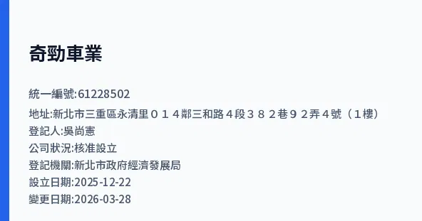 奇勁車業的照片-統編 61228502(新北市) 公司登記資料與營業項目詳細圖表