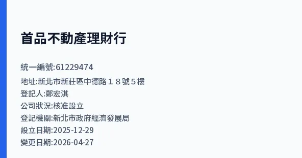 首品不動產理財行的照片-統編 61229474(新北市) 公司登記資料與營業項目詳細圖表
