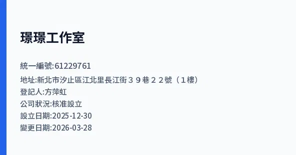 璟璟工作室的照片-統編 61229761(新北市) 公司登記資料與營業項目詳細圖表