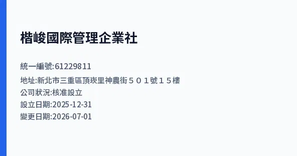 楷峻國際管理企業社的照片-統編 61229811 公司登記資料與營業項目詳細圖表