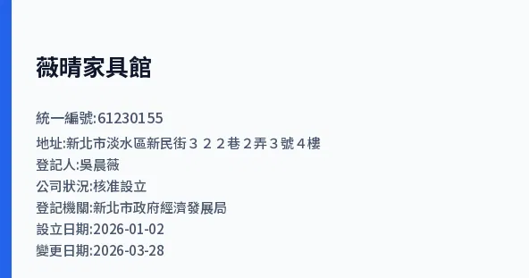 薇晴家具館的照片-統編 61230155(新北市) 公司登記資料與營業項目詳細圖表