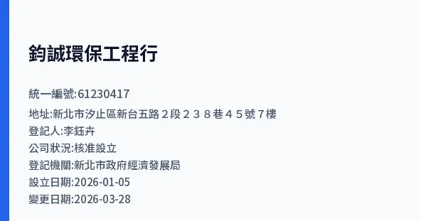 鈞誠環保工程行的照片-統編 61230417(新北市) 公司登記資料與營業項目詳細圖表