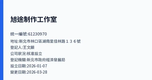旭途制作工作室的照片-統編 61230970(新北市) 公司登記資料與營業項目詳細圖表