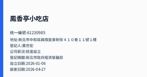 鳳香亭小吃店的照片-統編 61230985(新北市) 公司登記資料與營業項目詳細圖表