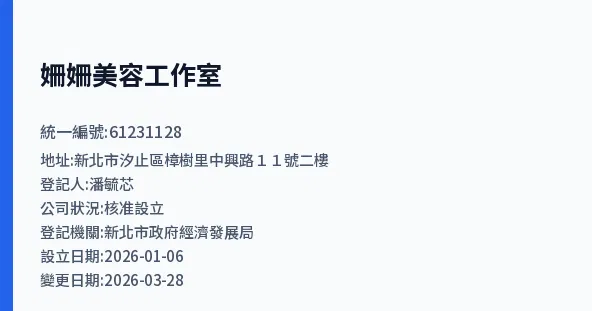 姍姍美容工作室的照片-統編 61231128(新北市) 公司登記資料與營業項目詳細圖表
