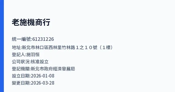 老施機商行的照片-統編 61231226(新北市) 公司登記資料與營業項目詳細圖表