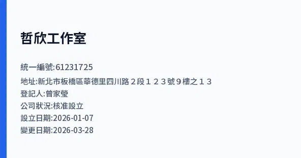 哲欣工作室的照片-統編 61231725(新北市) 公司登記資料與營業項目詳細圖表
