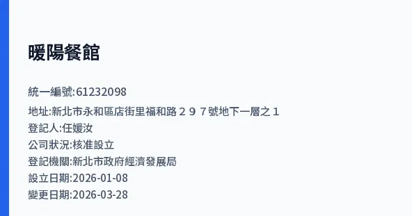 暖陽餐館的照片-統編 61232098(新北市) 公司登記資料與營業項目詳細圖表