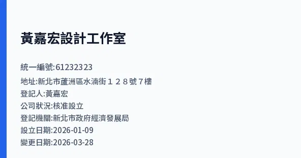 黃嘉宏設計工作室的照片-統編 61232323(新北市) 公司登記資料與營業項目詳細圖表