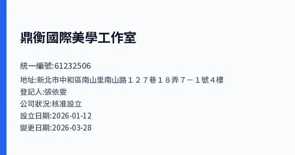 鼎衡國際美學工作室的照片-統編 61232506(新北市) 公司登記資料與營業項目詳細圖表