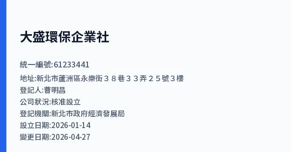大盛環保企業社的照片-統編 61233441(新北市) 公司登記資料與營業項目詳細圖表