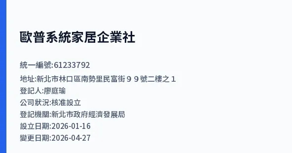歐普系統家居企業社的照片-統編 61233792(新北市) 公司登記資料與營業項目詳細圖表