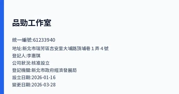 品勁工作室的照片-統編 61233940(新北市) 公司登記資料與營業項目詳細圖表