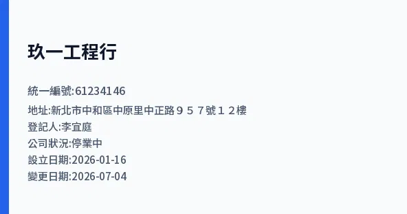 玖一工程行的照片-統編 61234146(新北市) 公司登記資料與營業項目詳細圖表