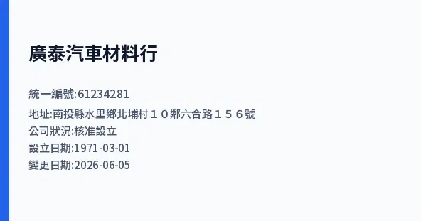 廣泰汽車材料行的照片-統編 61234281(南投縣) 公司登記資料與營業項目詳細圖表