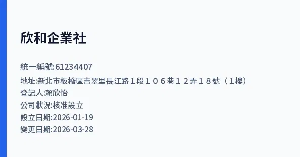欣和企業社的照片-統編 61234407(新北市) 公司登記資料與營業項目詳細圖表