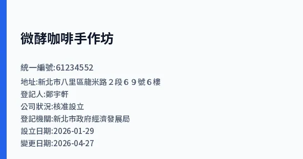 微酵咖啡手作坊的照片-統編 61234552(新北市) 公司登記資料與營業項目詳細圖表