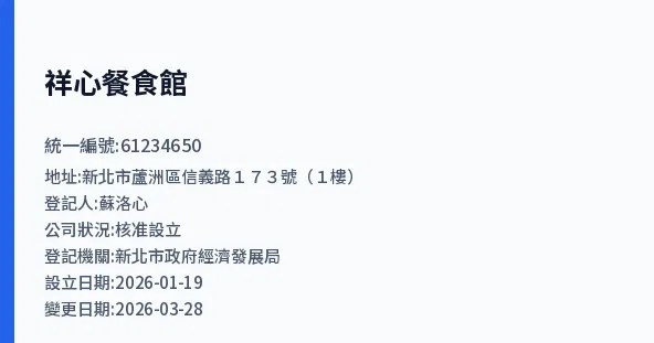 祥心餐食館的照片-統編 61234650(新北市) 公司登記資料與營業項目詳細圖表