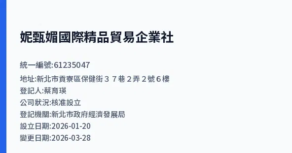 妮甄媚國際精品貿易企業社的照片-統編 61235047(新北市) 公司登記資料與營業項目詳細圖表